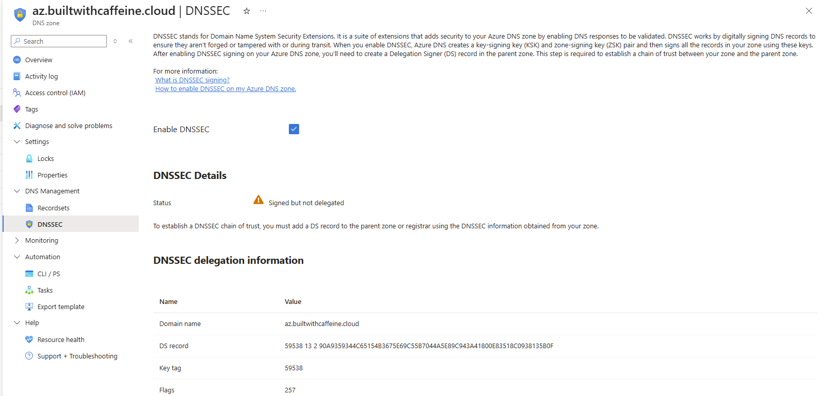 Configuring DNSSEC for Azure DNS