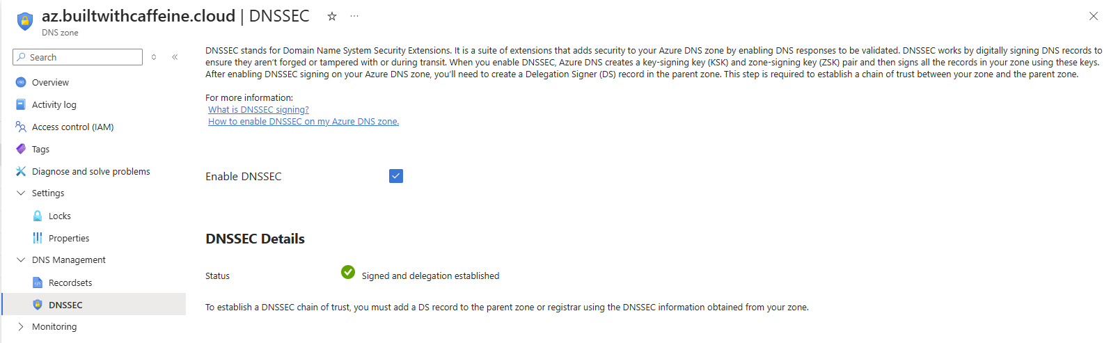Configuring DNSSEC for Azure DNS